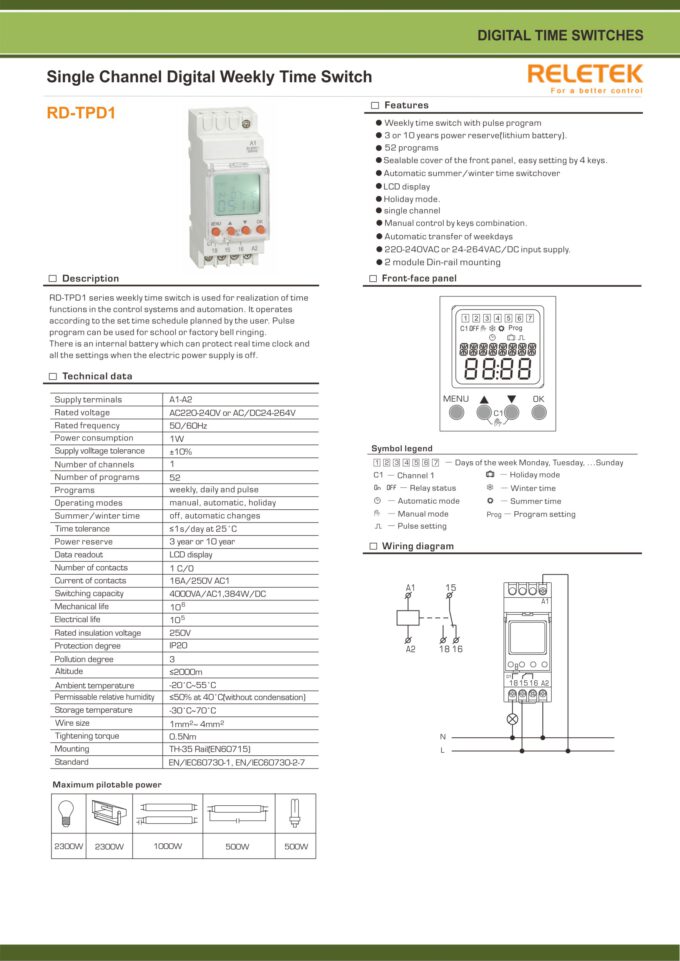 RD-TPD1 Single Channel Digital Weekly Time Switch – RELETEK – Gala ...