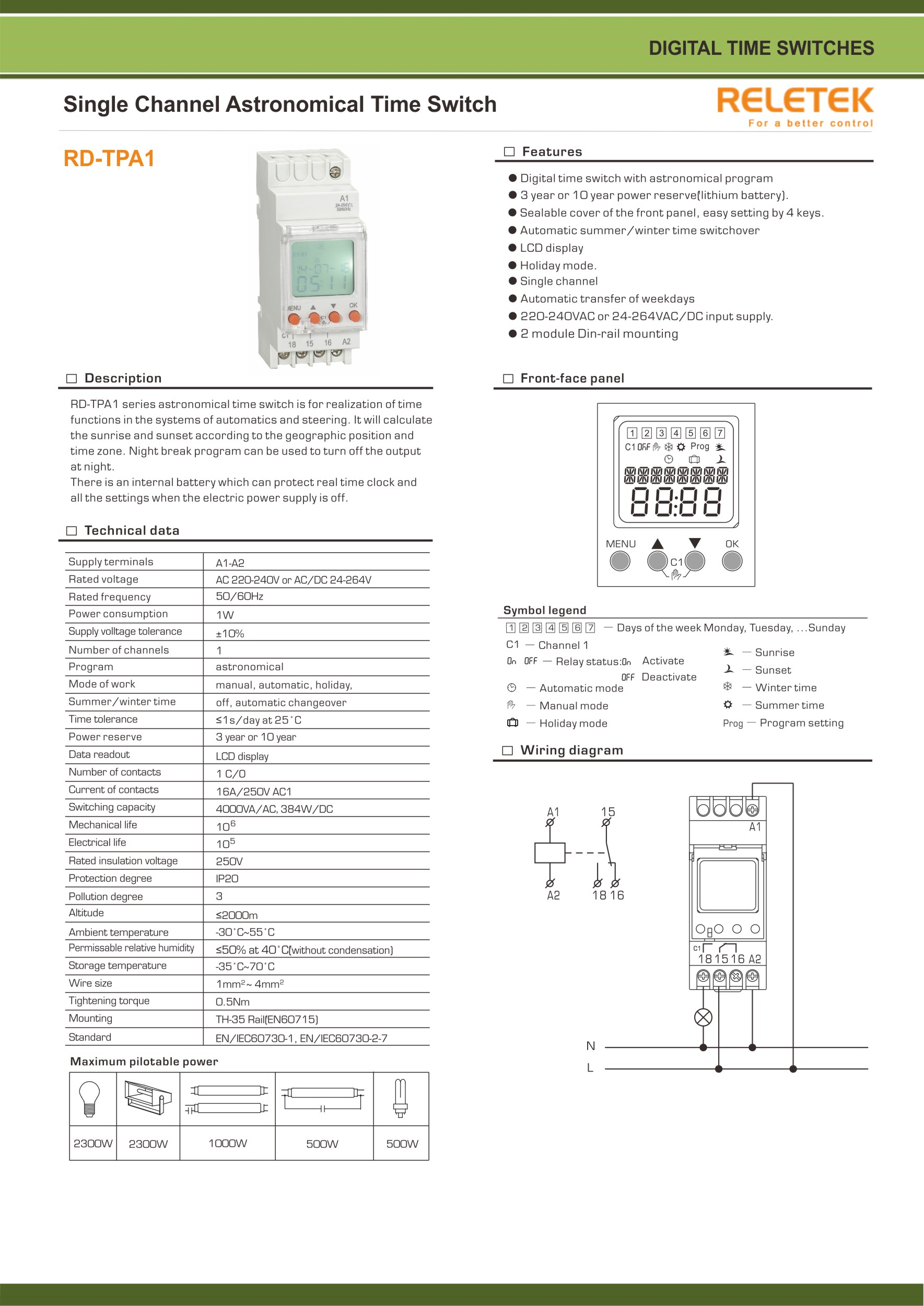 RD-TPA1 Single Channel Digital Astronomical Time Switch – RELETEK ...